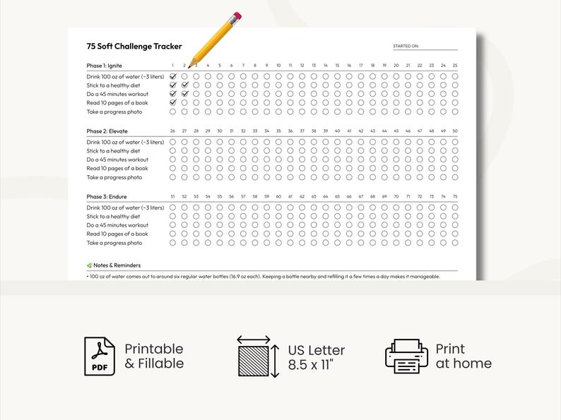 75 Soft Challenge Tracker Printable and Fillable PDF, 75 Day Habit ...