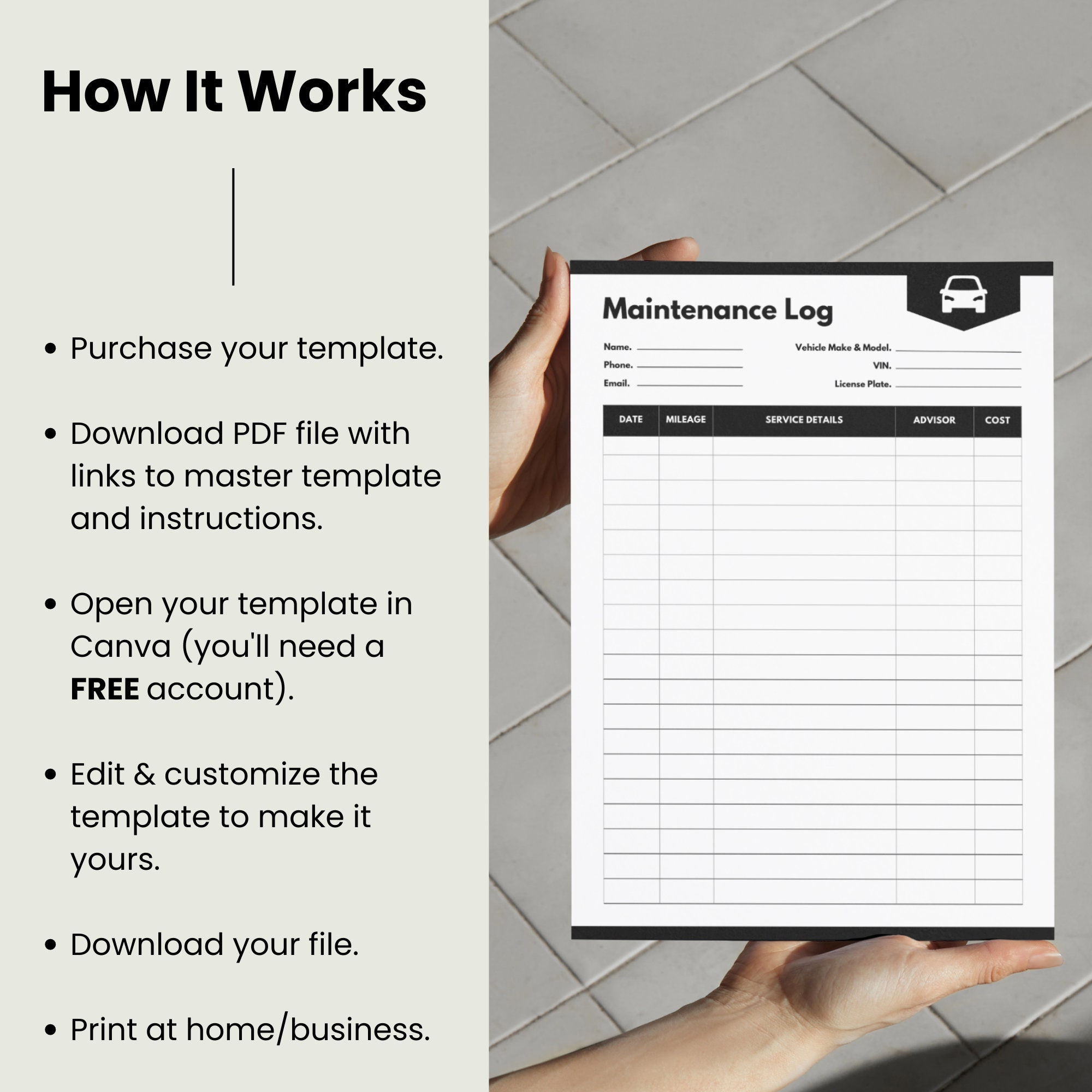 Auto Repair Maintenance Log Template Vehicle Service Record - Etsy
