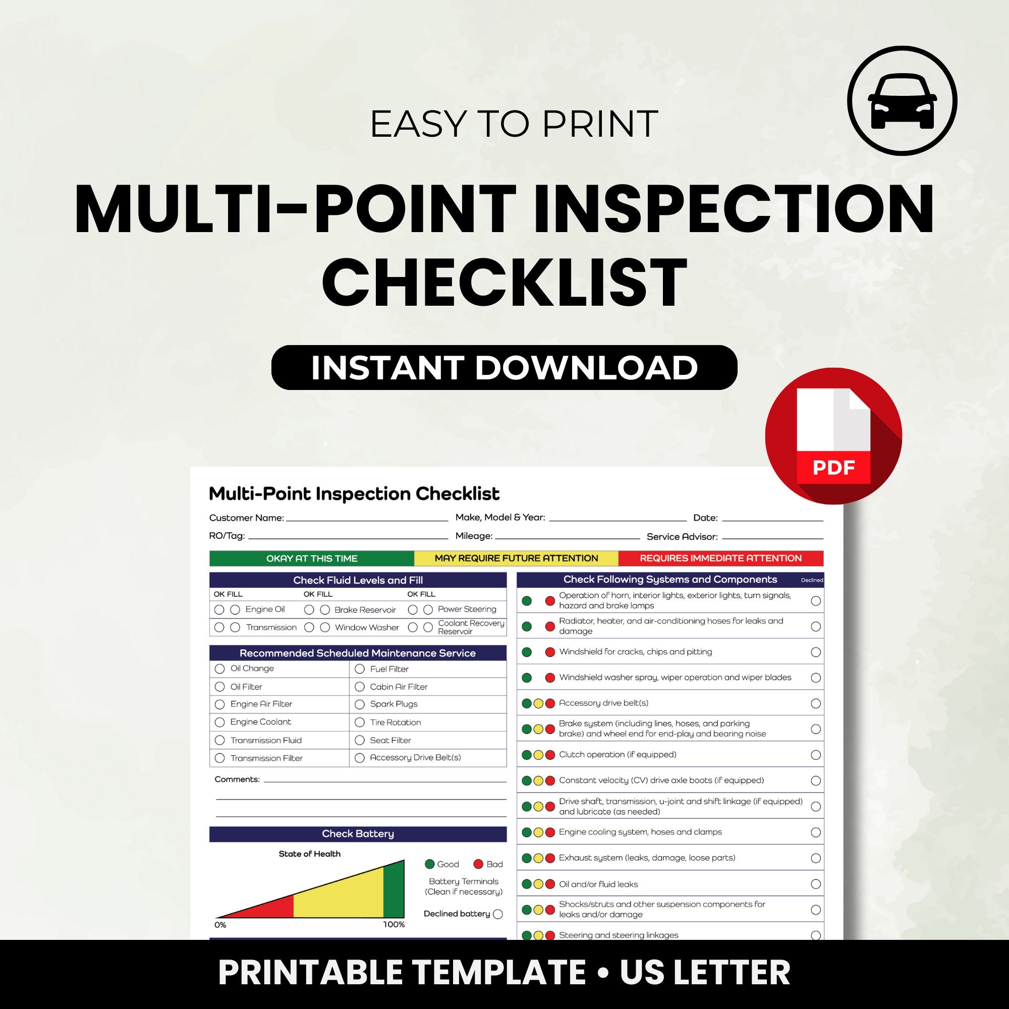 Multi-point Inspection Checklist Vehicle Inspection Sheet Visual ...