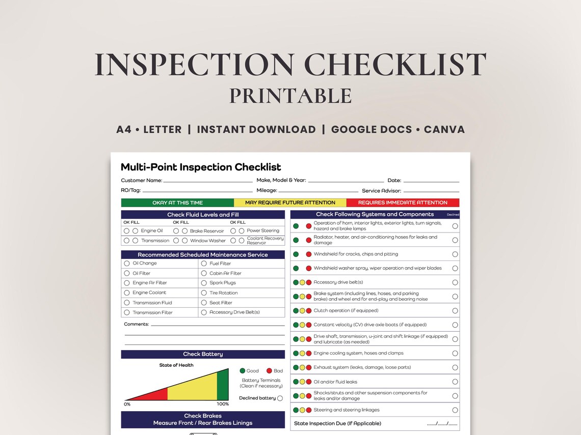 Vehicle Inspection Form PDF • Multi-point Inspection Checklist • Car ...