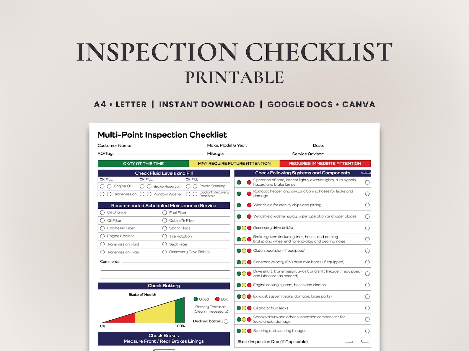 Vehicle Inspection Form PDF • Multi-point Inspection Checklist • Car ...