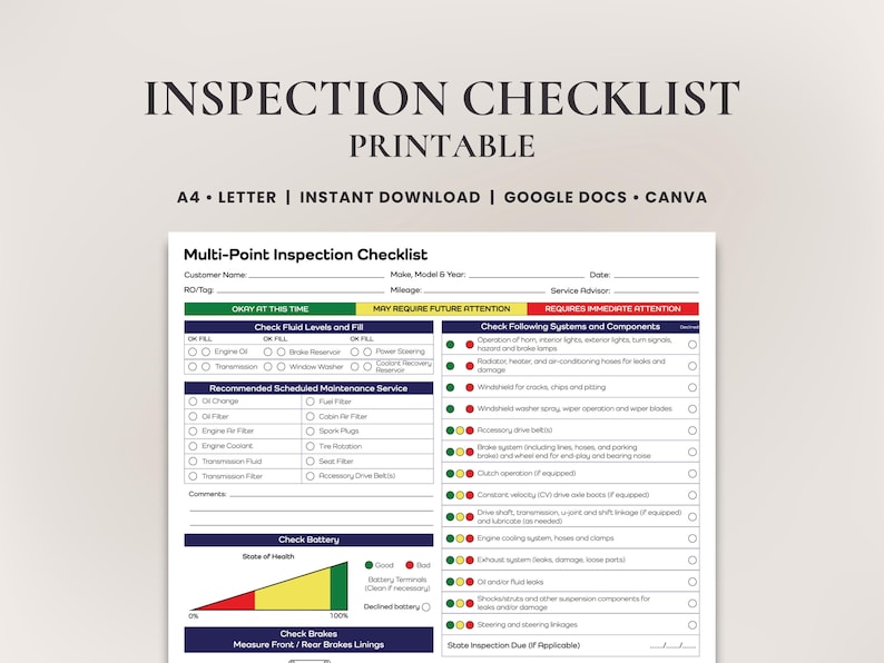 Vehicle Inspection Form PDF • Multi-point Inspection Checklist • Car ...