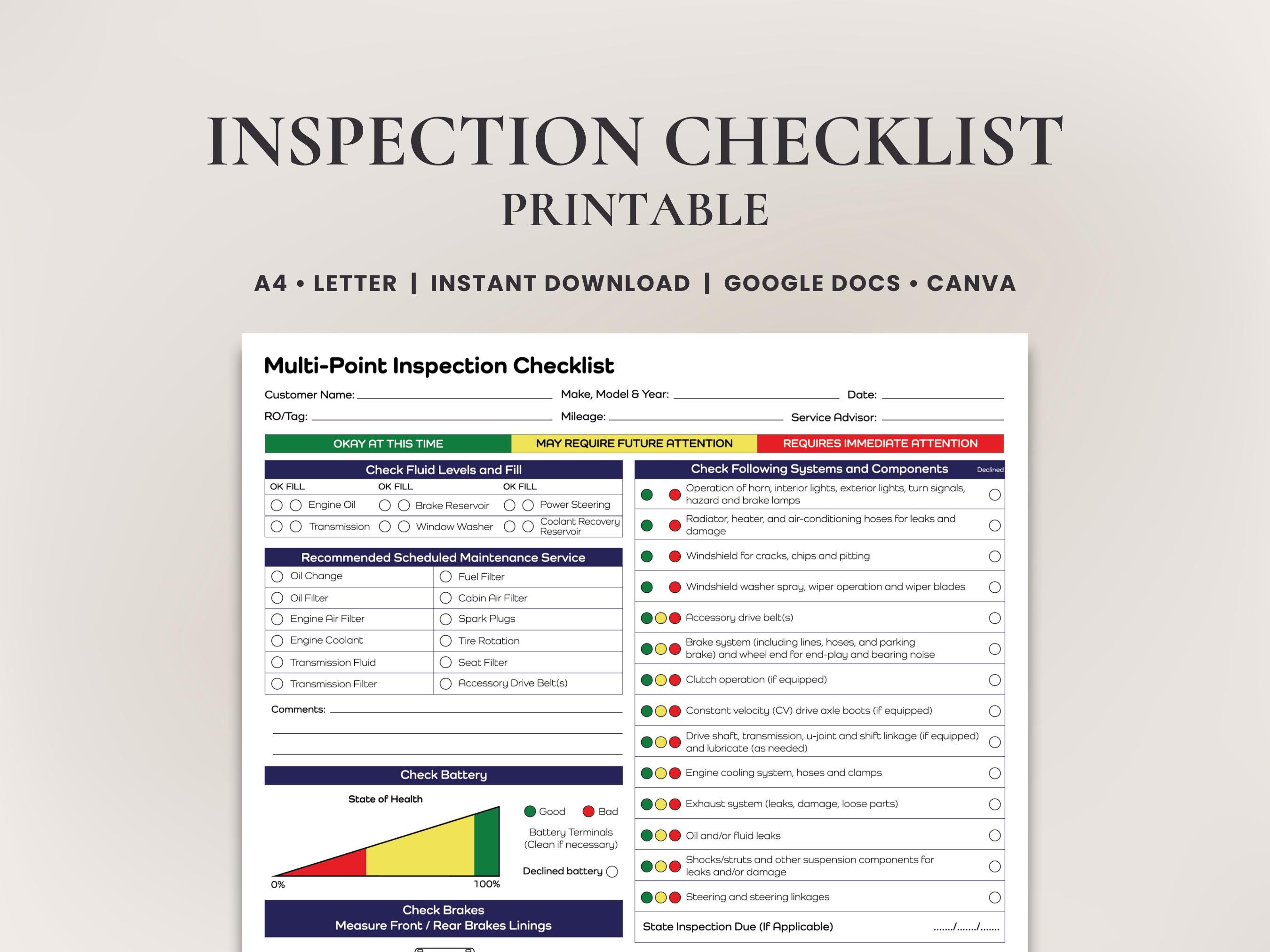 Vehicle Inspection Form PDF • Multi-point Inspection Checklist • Car ...