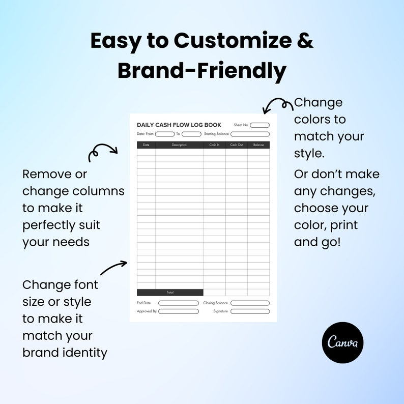 Daily Cash Flow Log Template Petty Cash Tracking Financial Journal for ...