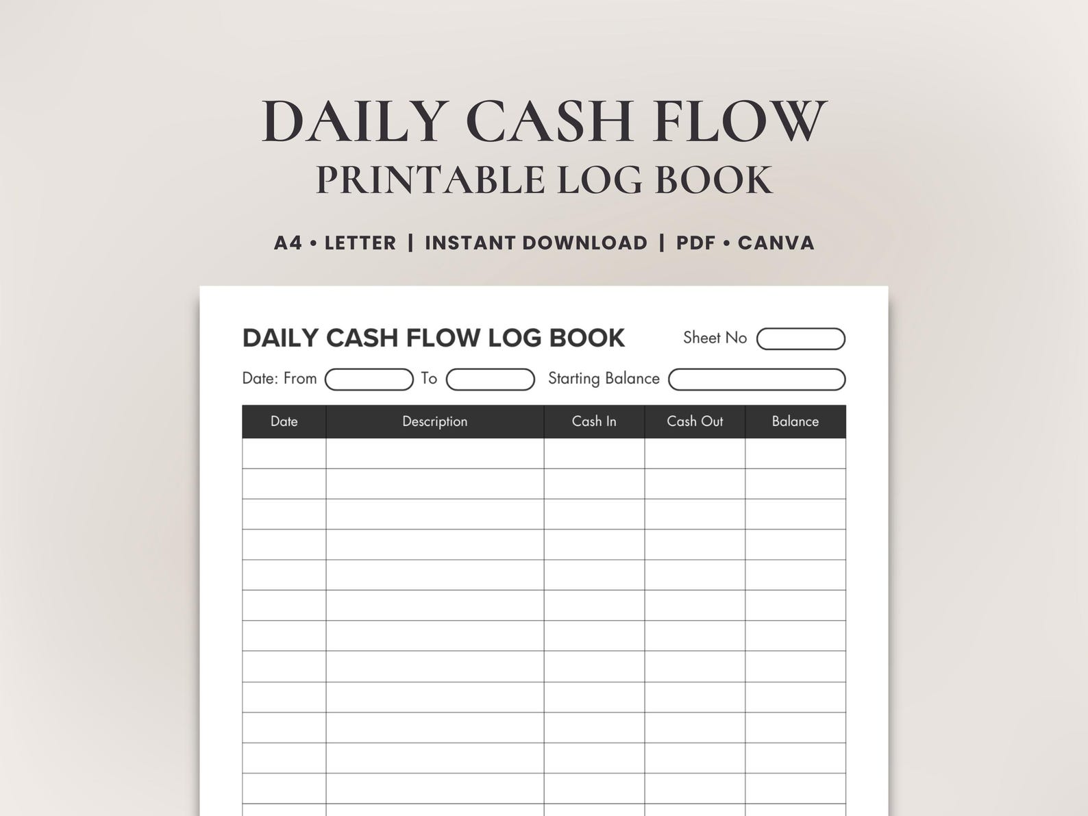 Daily Cash Flow Log Template • Petty Cash Tracking • Financial Journal ...