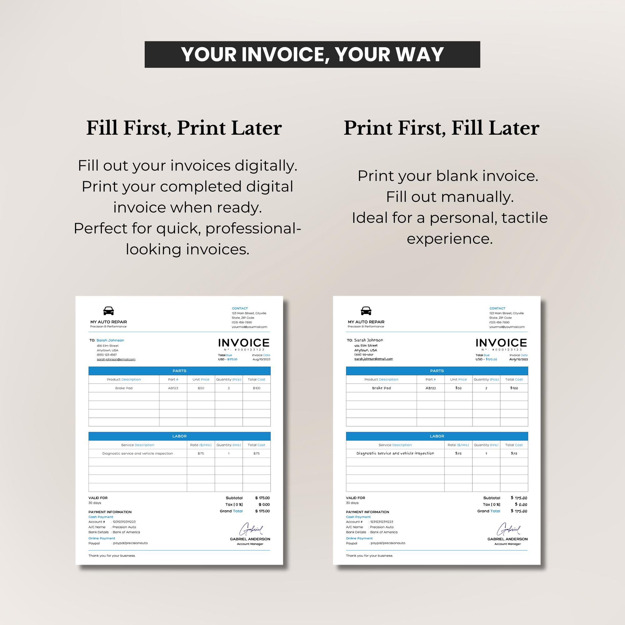 Auto Repair Invoice Template Canva, Mechanic Parts Labor Receipt ...