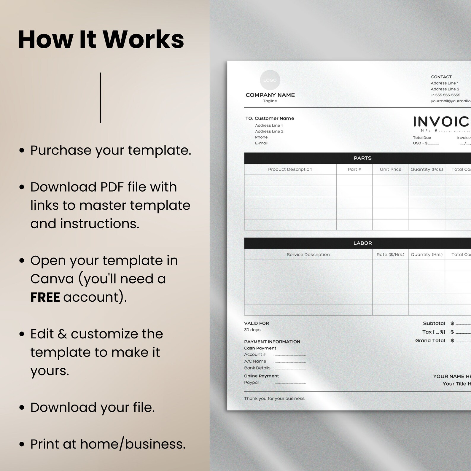 Car Repair Invoice Template • Custom Automotive Service Invoice • Auto ...