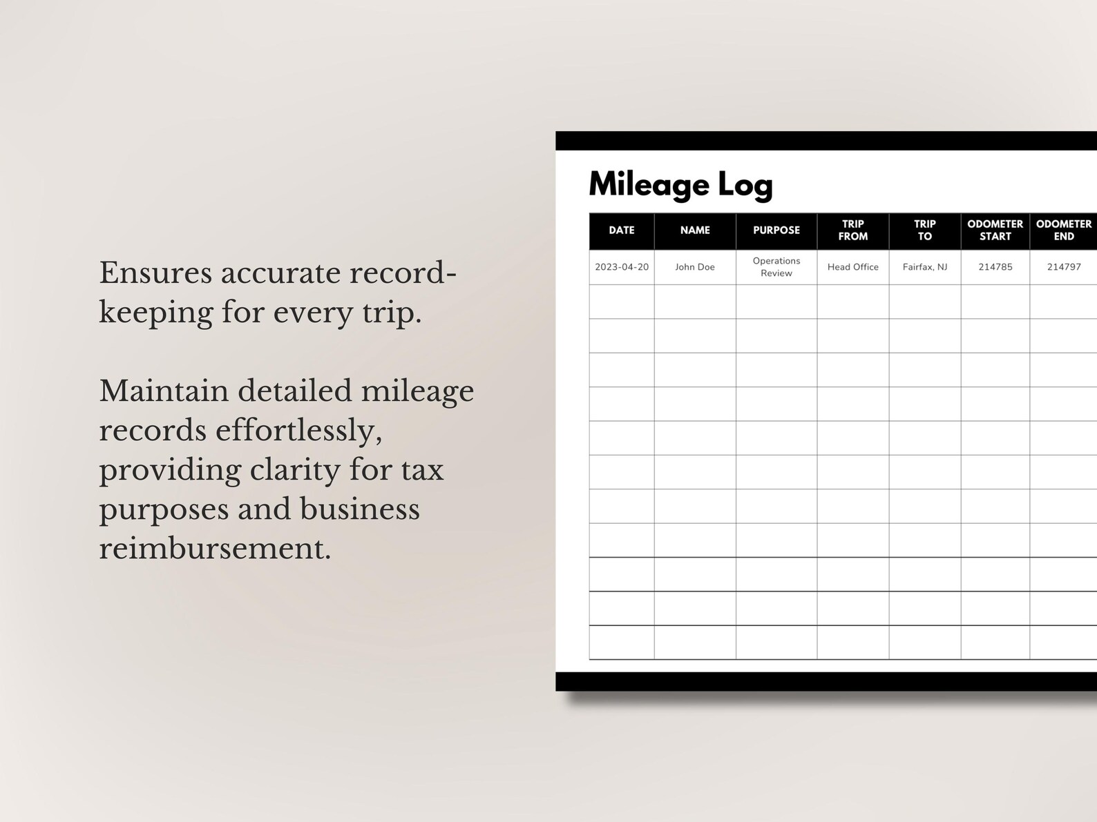Auto Mileage Log Template • Car Mileage Record • Vehicle Distance ...