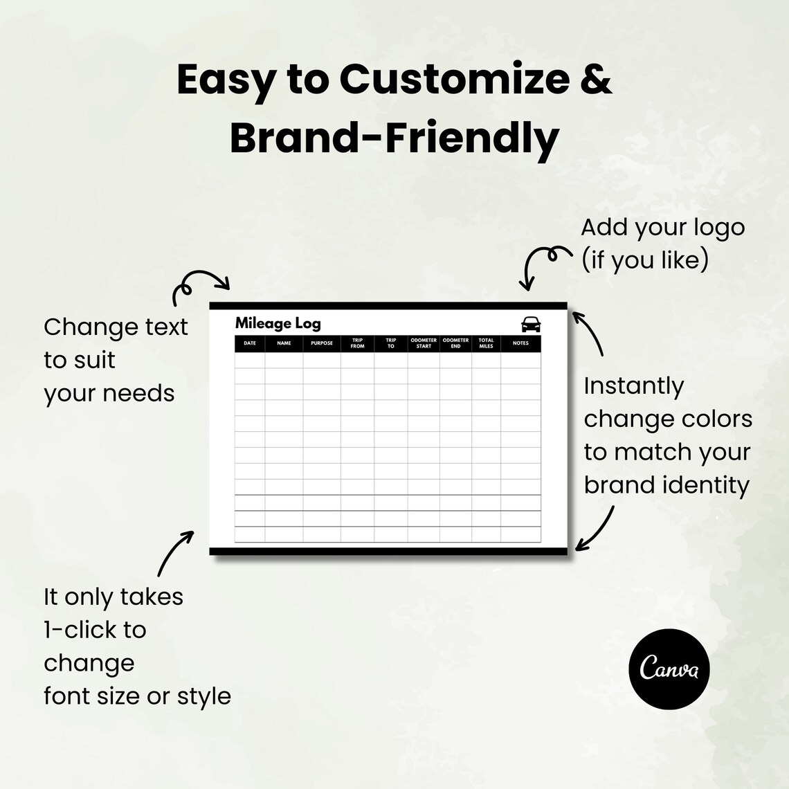 Auto Mileage Log Template Car Mileage Record Vehicle Distance Tracker ...