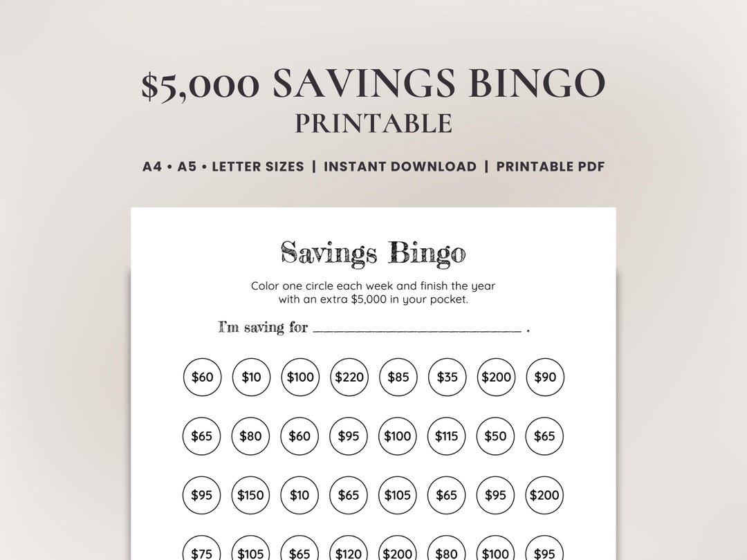 5000 USD Savings Bingo Game • Fun 5000 Dollars Savings Challenge • Easy ...