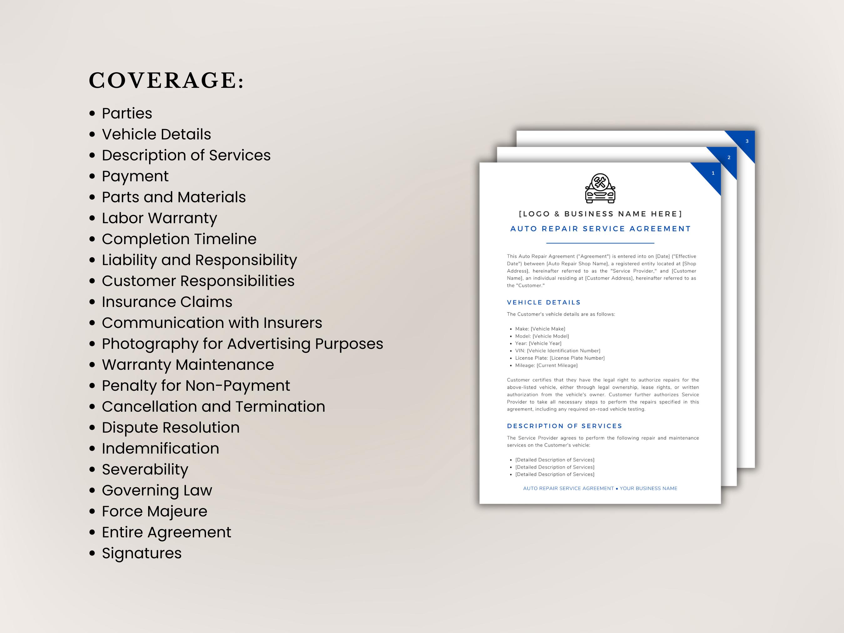Auto Repair Service Agreement Template • Vehicle Maintenance Contract ...