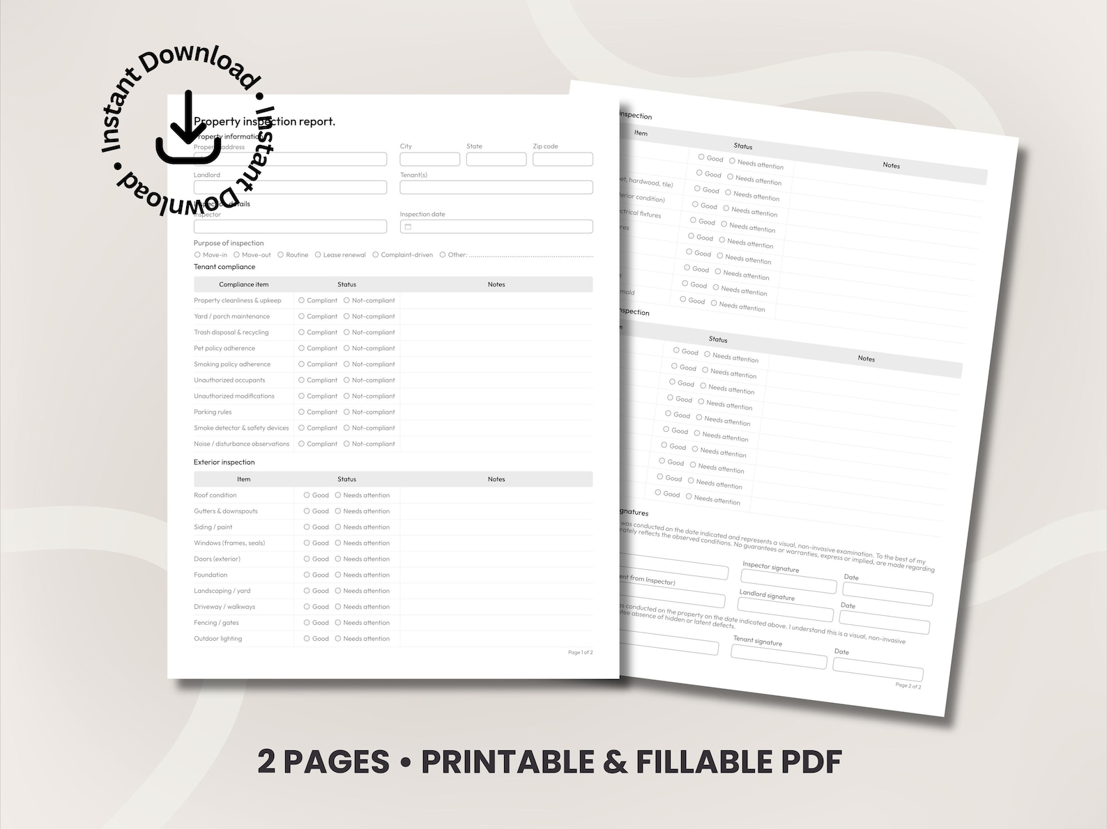 Rental Inspection Report PDF, Printable and Fillable Fillable Property ...