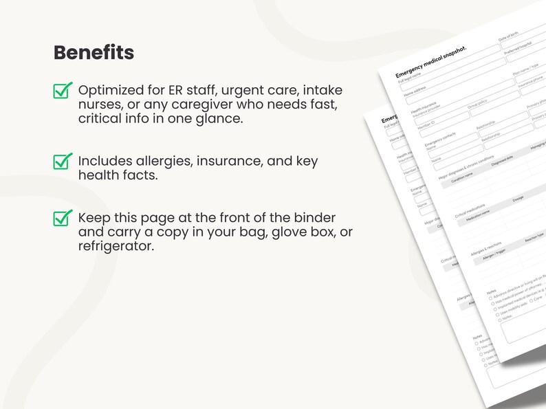Printable Emergency Medical Info Sheet PDF, Fillable & Printable Health ...