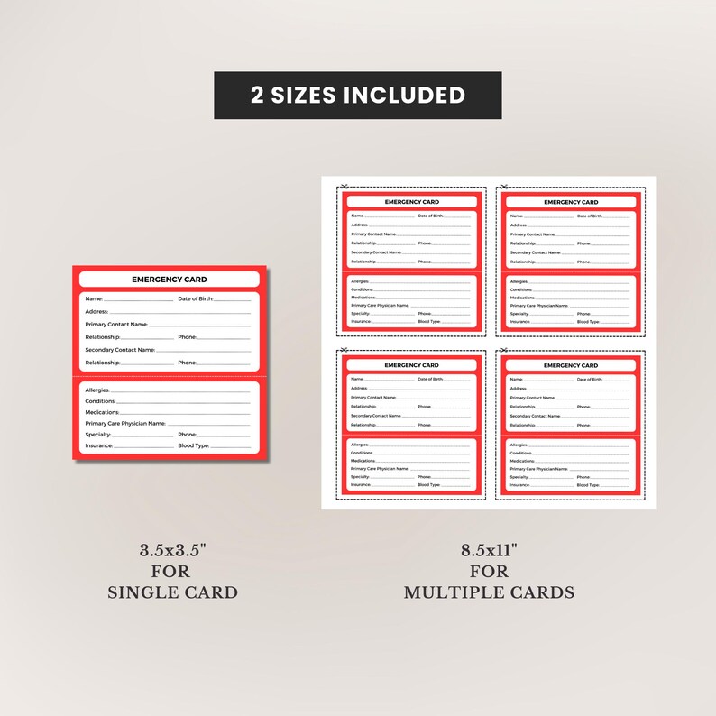 Printable Emergency Contact Card for Wallet Compact Business Card Size ...