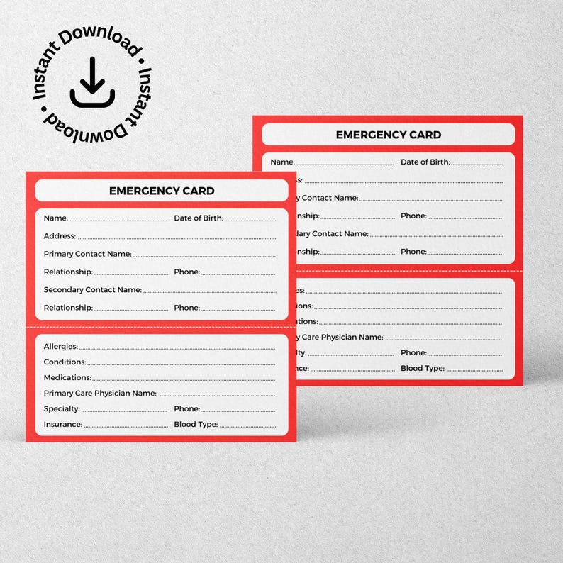 Printable Emergency Contact Card for Wallet Compact Business Card Size ...