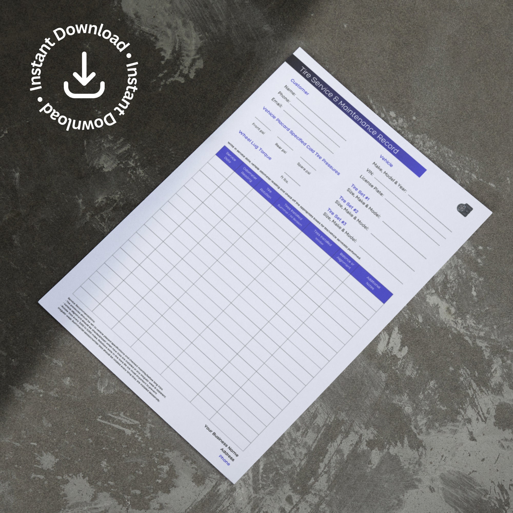 Tire Service and Maintenance Record Template • Tire Care Log • Wheel ...
