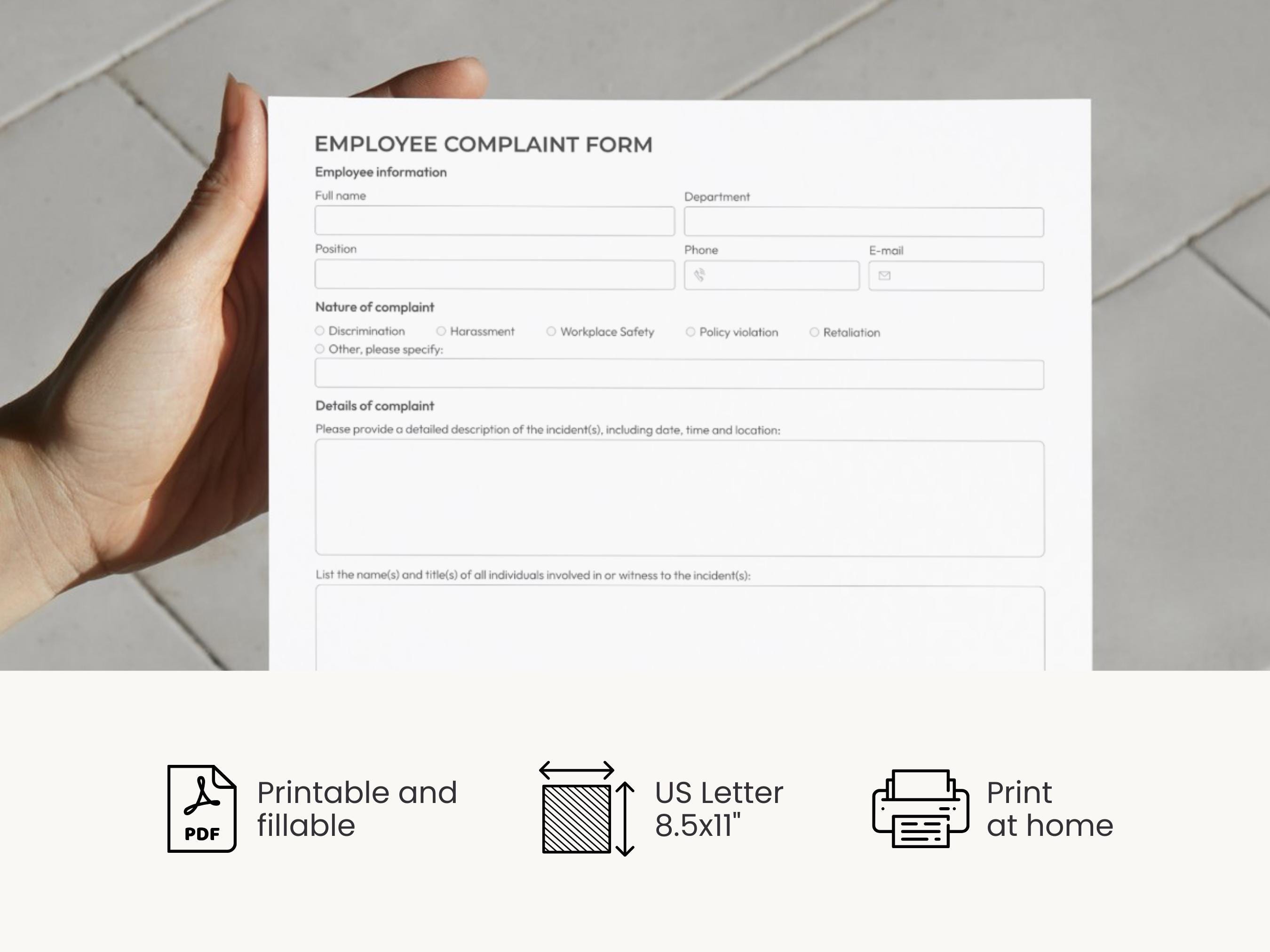 Employee Complaint Form for Workplace Issues, Office Complaint Record Template, Staff Complaint ...