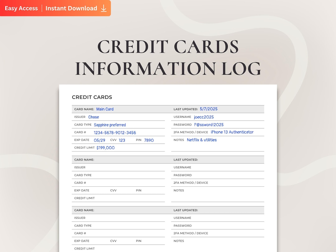 Credit Card Information Tracker, Credit Card Log, Credit Card Account ...