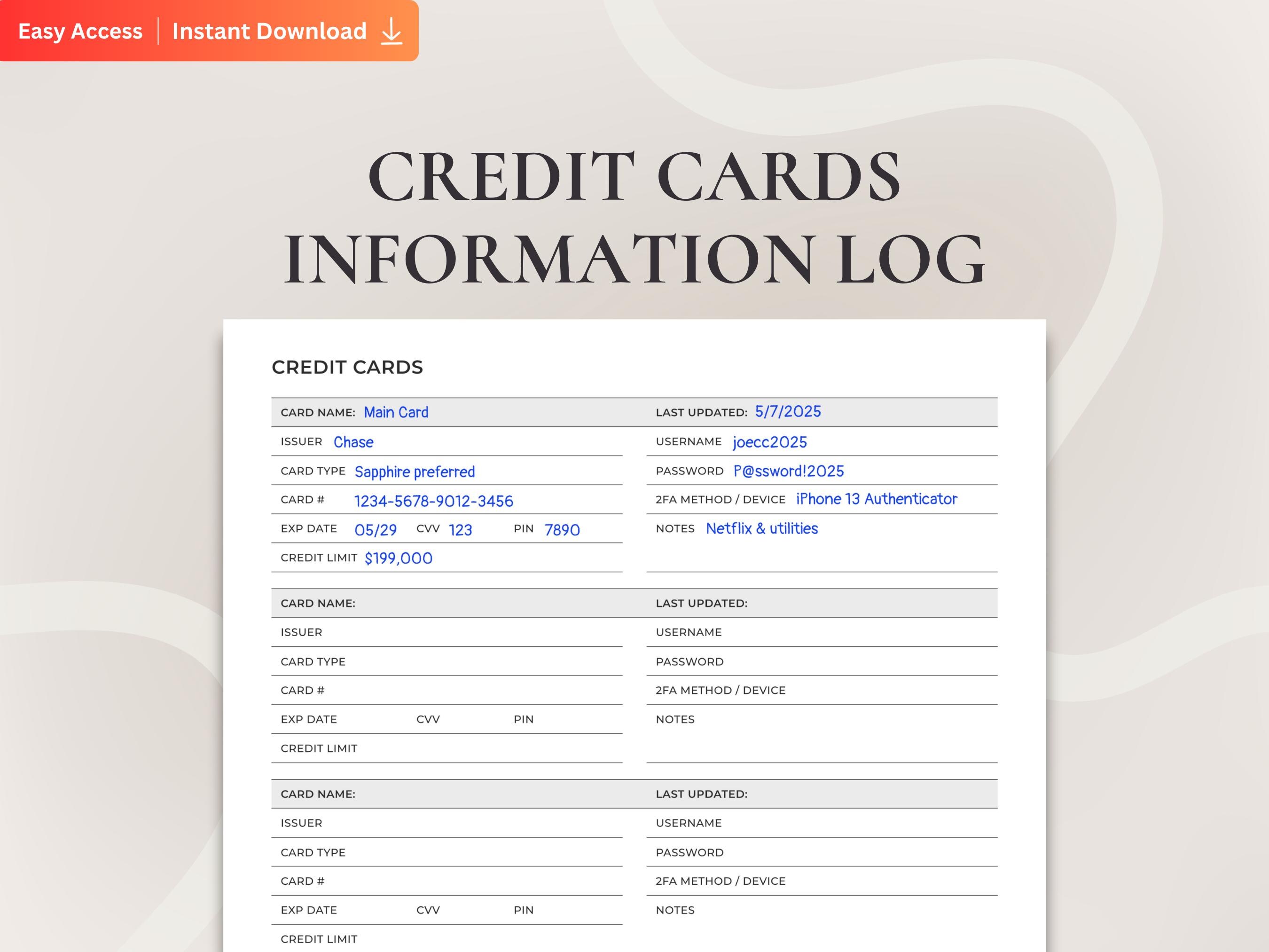 Credit Card Information Tracker, Credit Card Log, Credit Card Account ...