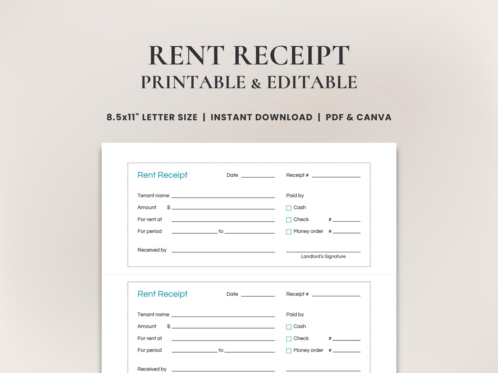 Printable Rent Receipt Template • Customizable Rental Receipt for ...