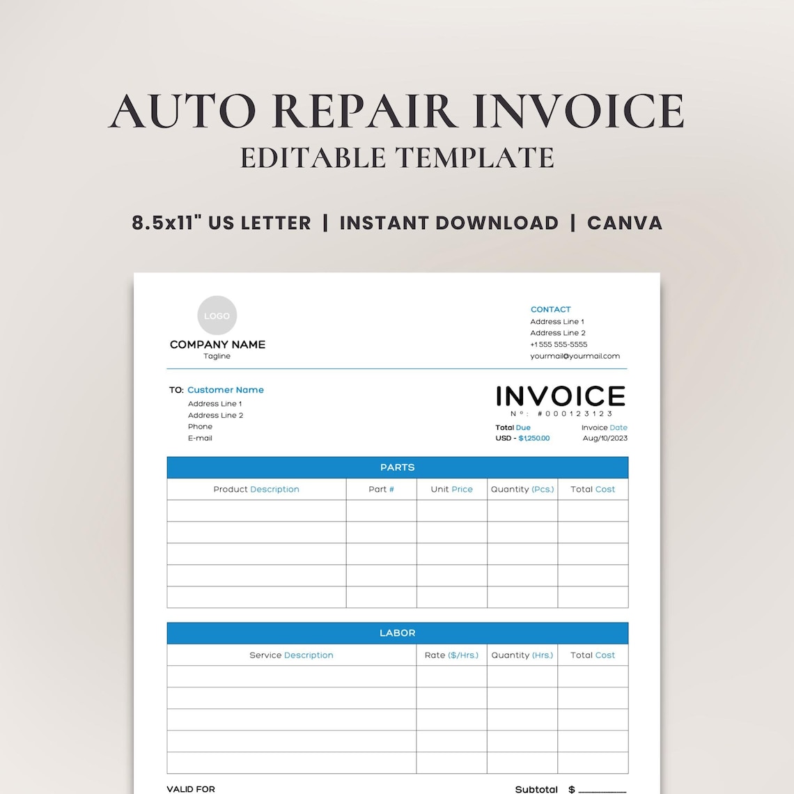Auto Repair Invoice Template Canva, Mechanic Parts Labor Receipt ...
