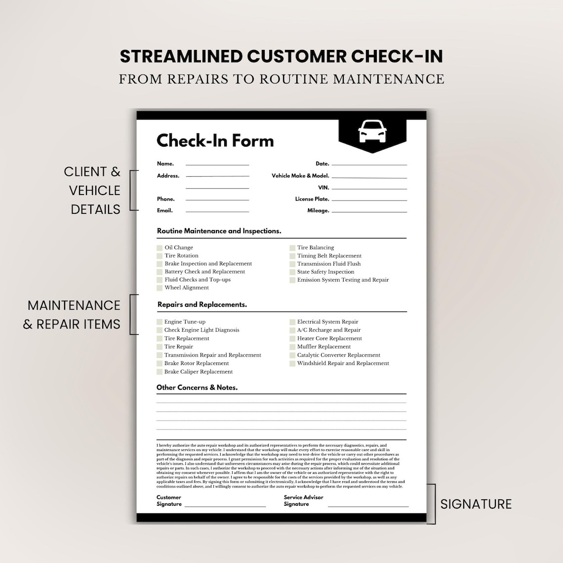 Vehicle Check in Sheet, Auto Repair Intake Form, Customer Check in ...