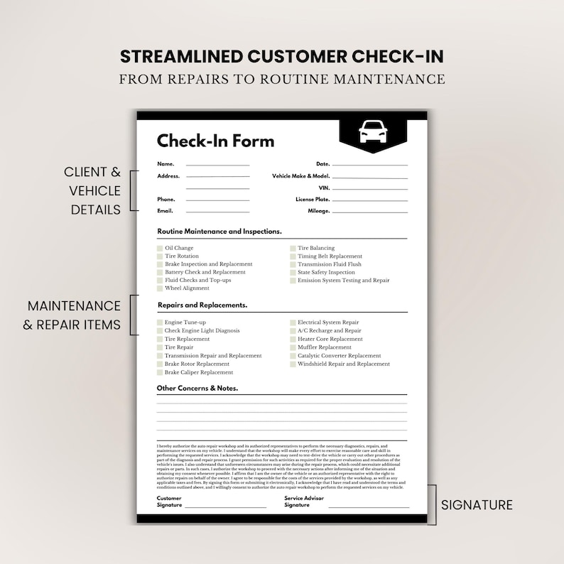 Auto Repair Customer Check in Sheet Template • Vehicle Maintenance ...