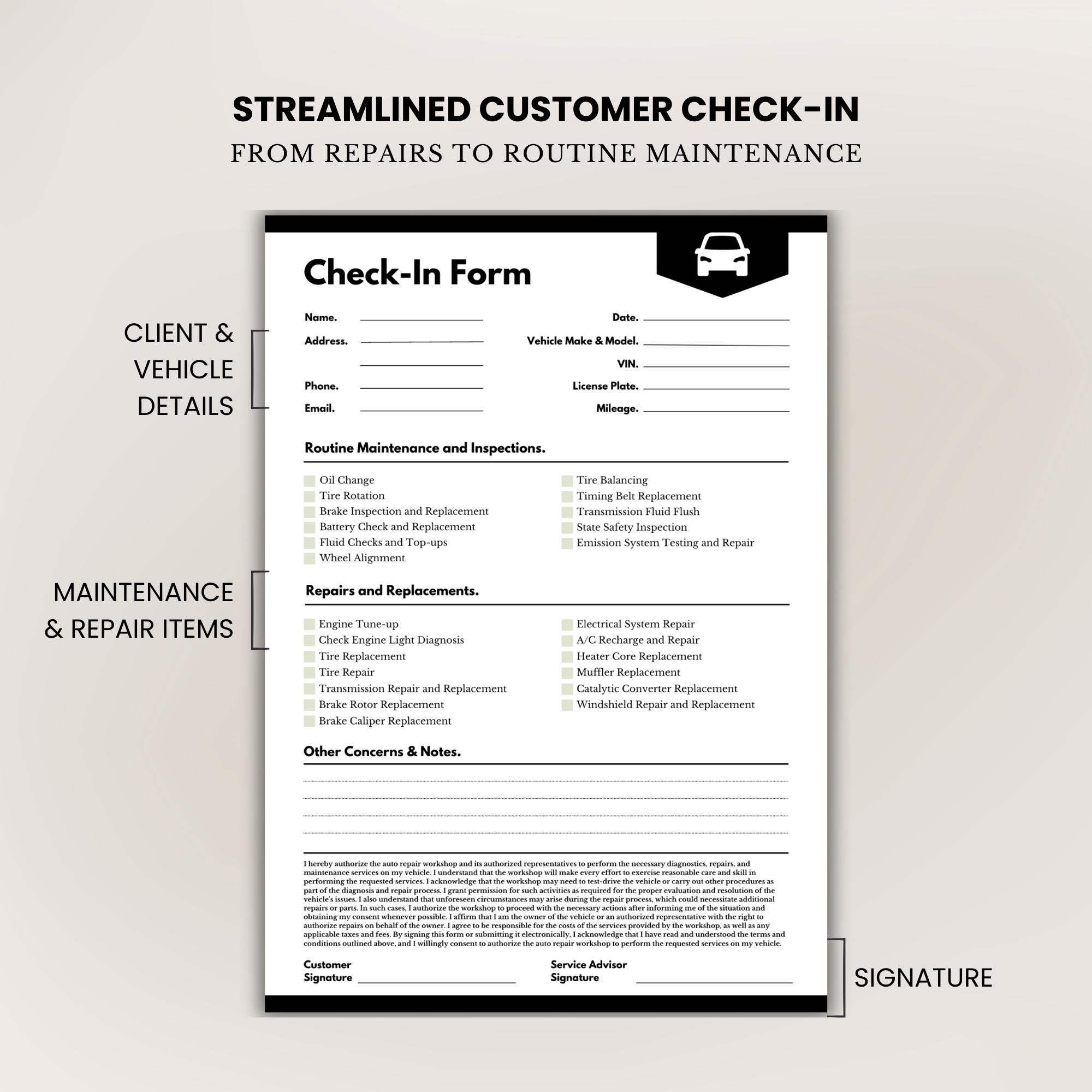 Auto Repair Customer Check in Sheet Template • Vehicle Maintenance ...