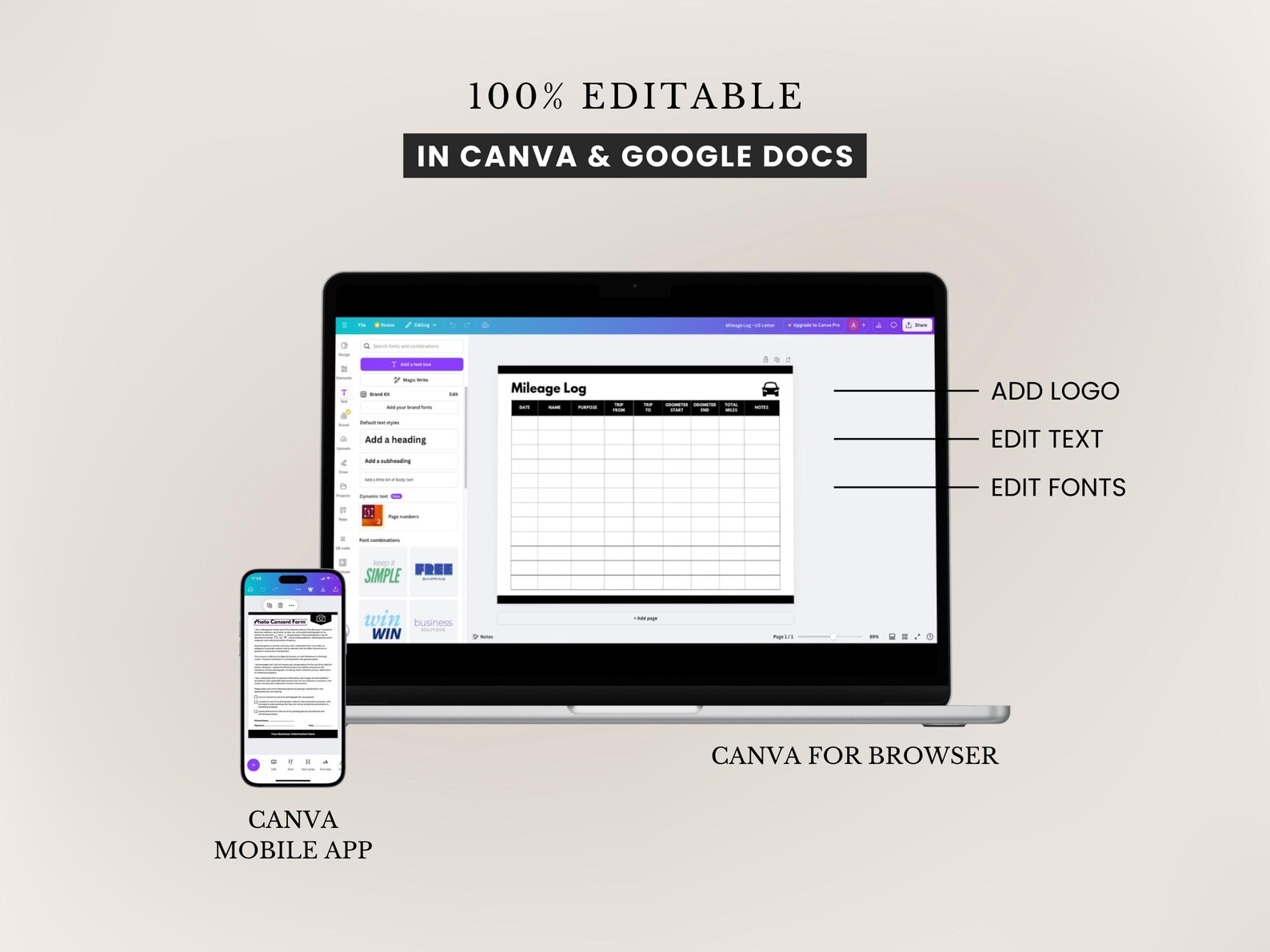 Auto Mileage Log Template • Car Mileage Record • Vehicle Distance ...