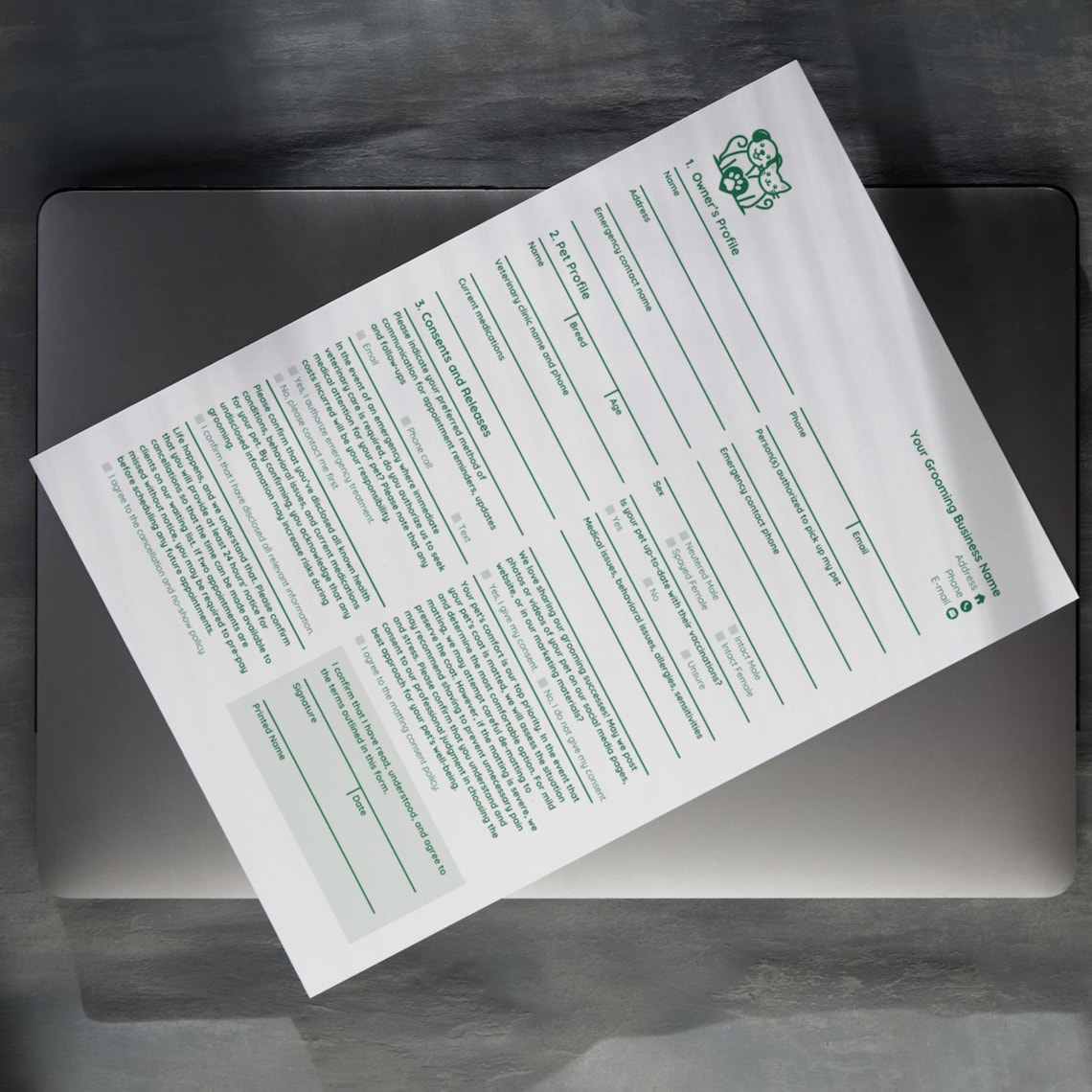 Pet Grooming Consent and Release Form • Editable Client and Pet Intake ...