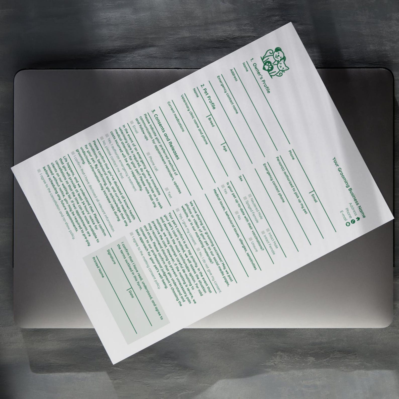 Pet Grooming Consent and Release Form • Editable Client and Pet Intake ...