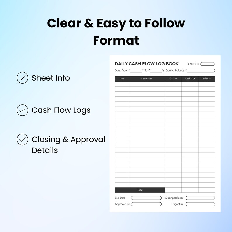 Daily Cash Flow Log Template Petty Cash Tracking Financial Journal for ...