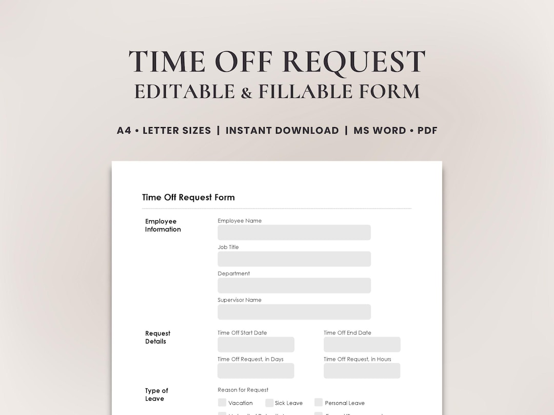 Employee Time off Request Form • Printable PTO Request • Vacation ...