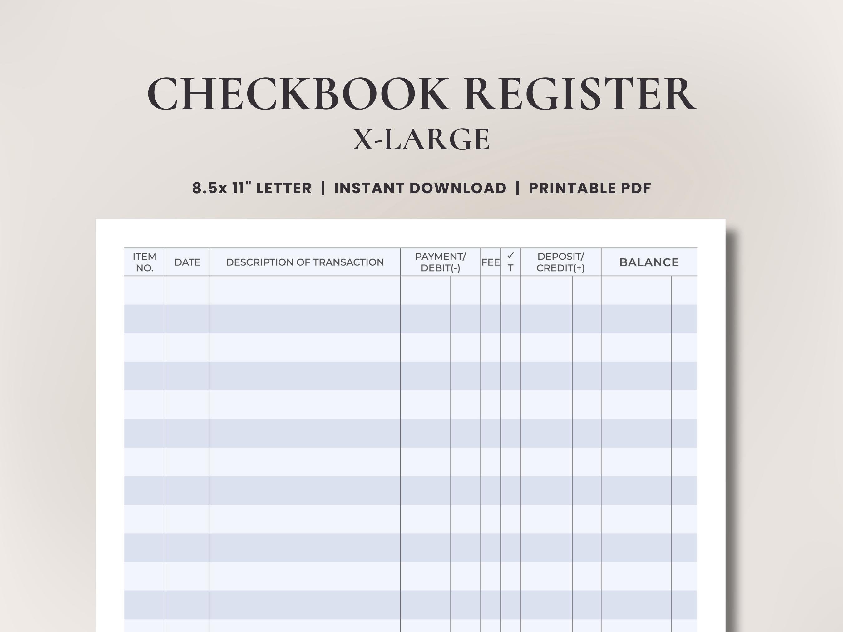 EXTRA-LARGE Checkbook Register • Printable PDF File • 1.0 in Line Width ...