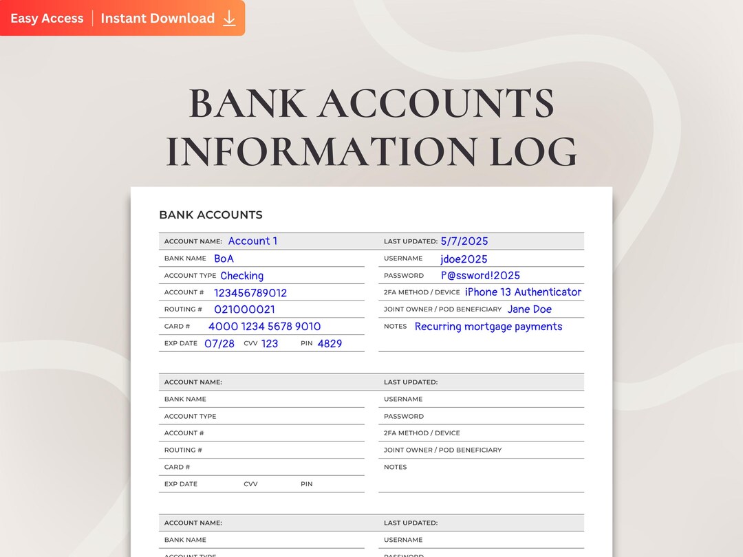 Bank Account Information Tracker, Banking Account Info, Printable Bank ...