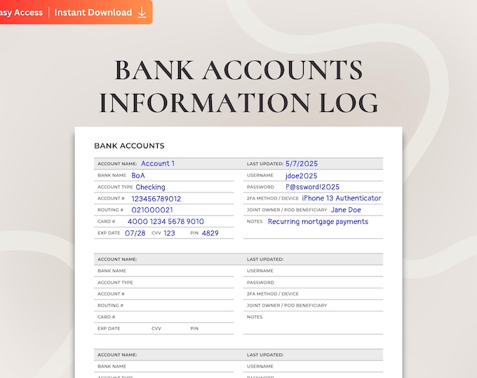 Printable Bank Account Info Sheet, Fillable PDF (5 Sizes) - Etsy Canada