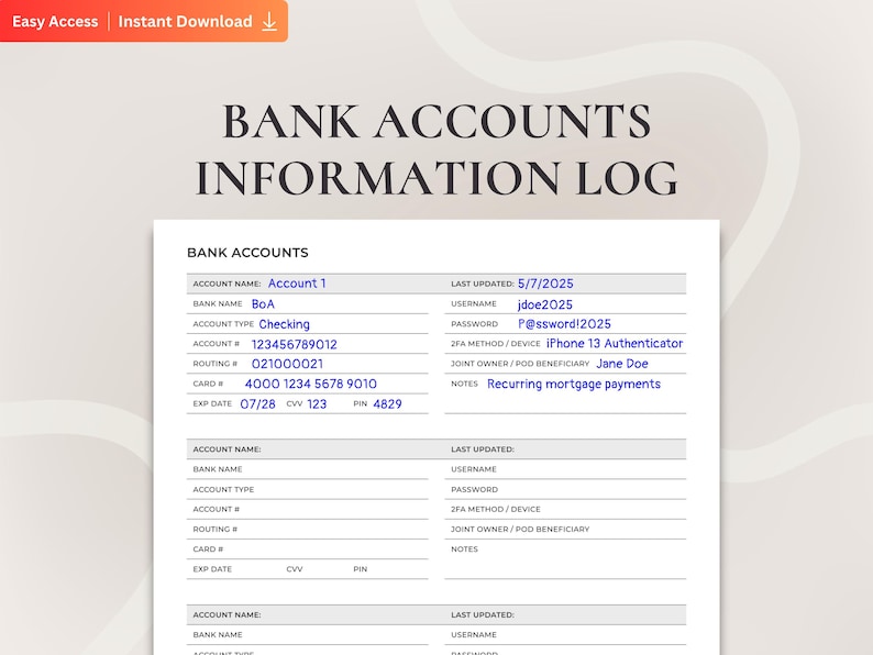 Bank Account Information Tracker, Banking Account Info, Printable Bank ...