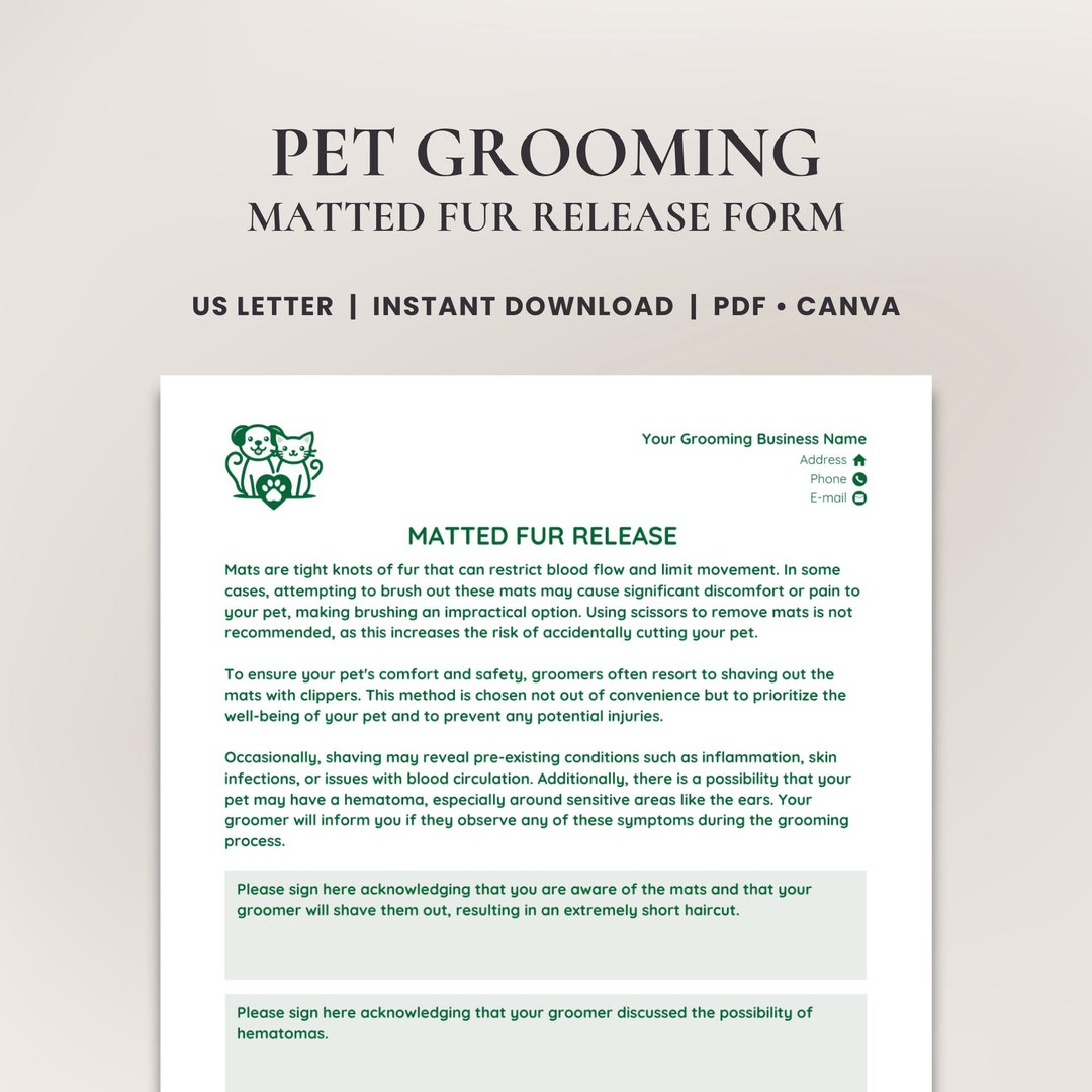 Matted Fur Release Forms for Pet Grooming Salons • Grooming Consent ...