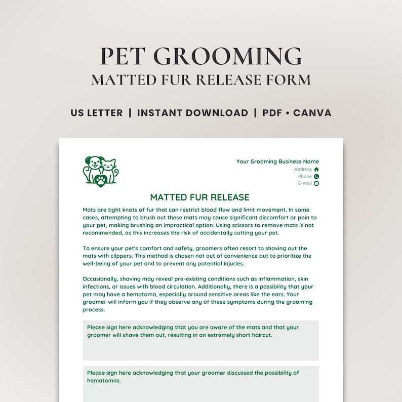 Matted Fur Release Forms for Pet Grooming Salons • Grooming Consent ...