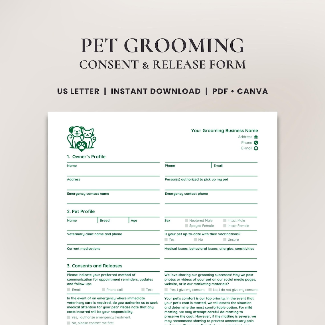 Pet Grooming Consent and Release Form • Editable Client and Pet Intake ...