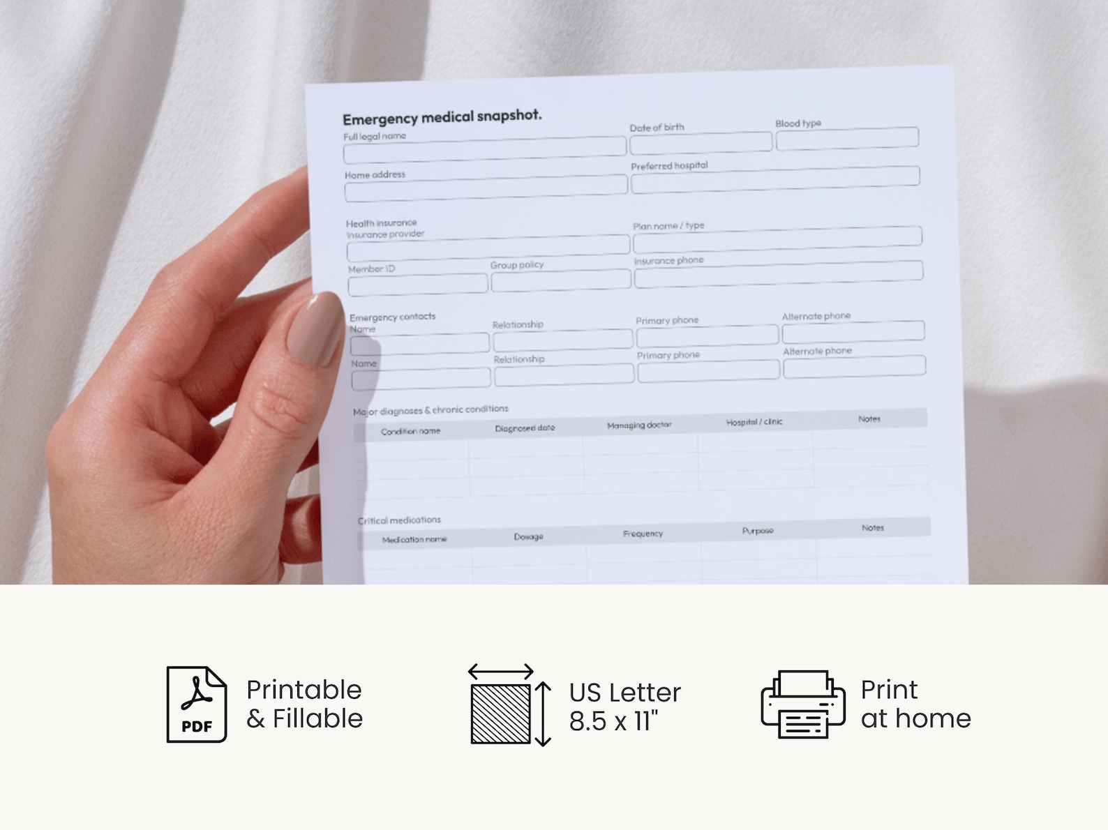 Printable Emergency Medical Info Sheet PDF, Fillable & Printable Health ...