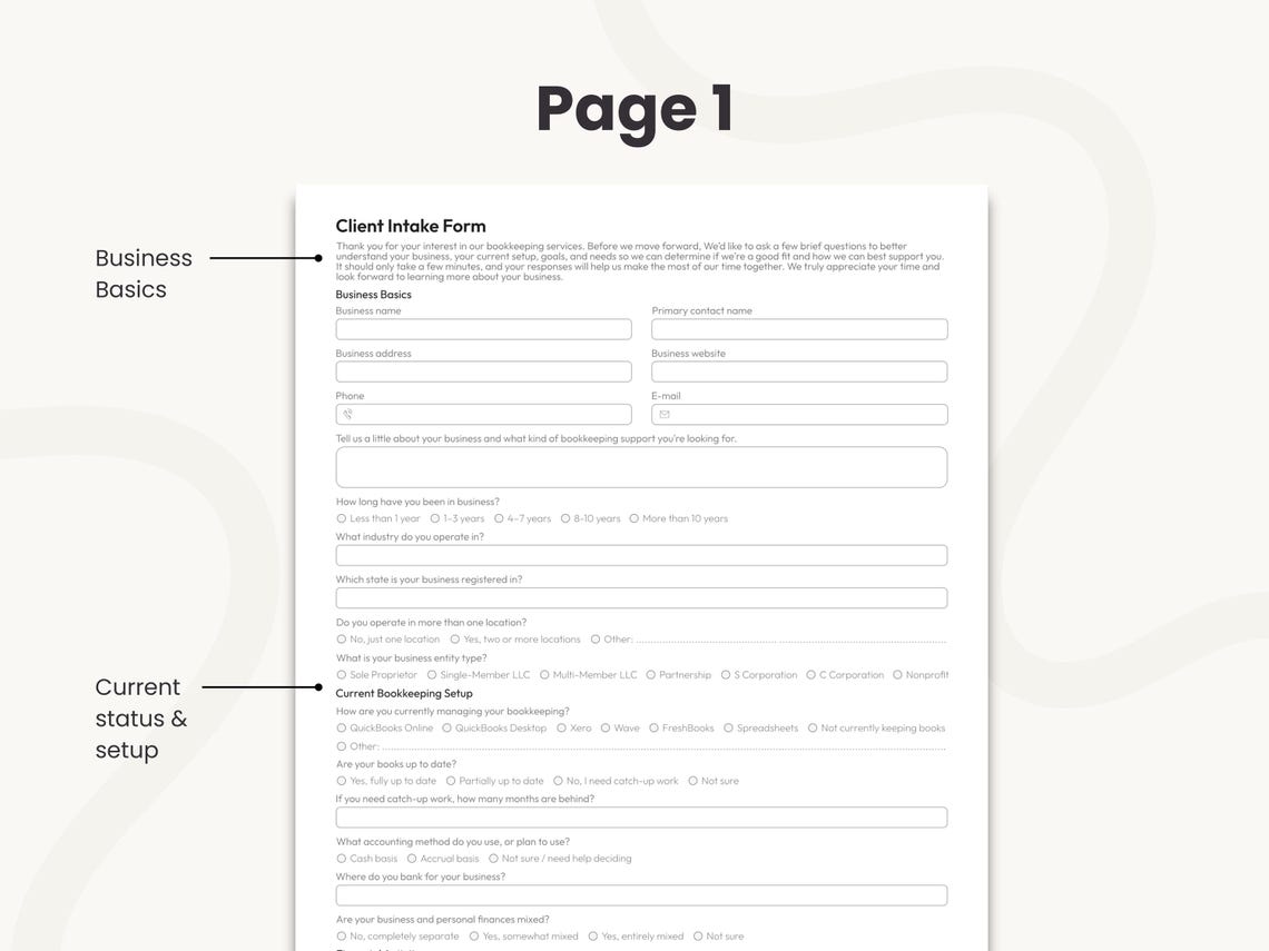 Client Intake Form for Bookkeepers, Printable and Fillable Bookkeeping ...