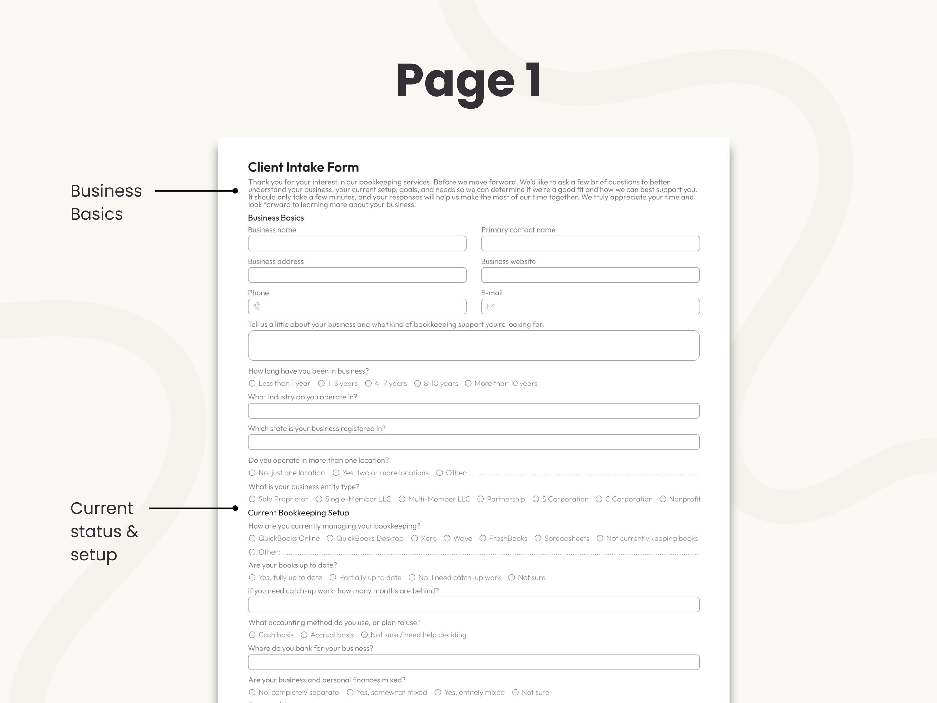 Client Intake Form for Bookkeepers, Printable and Fillable Bookkeeping ...