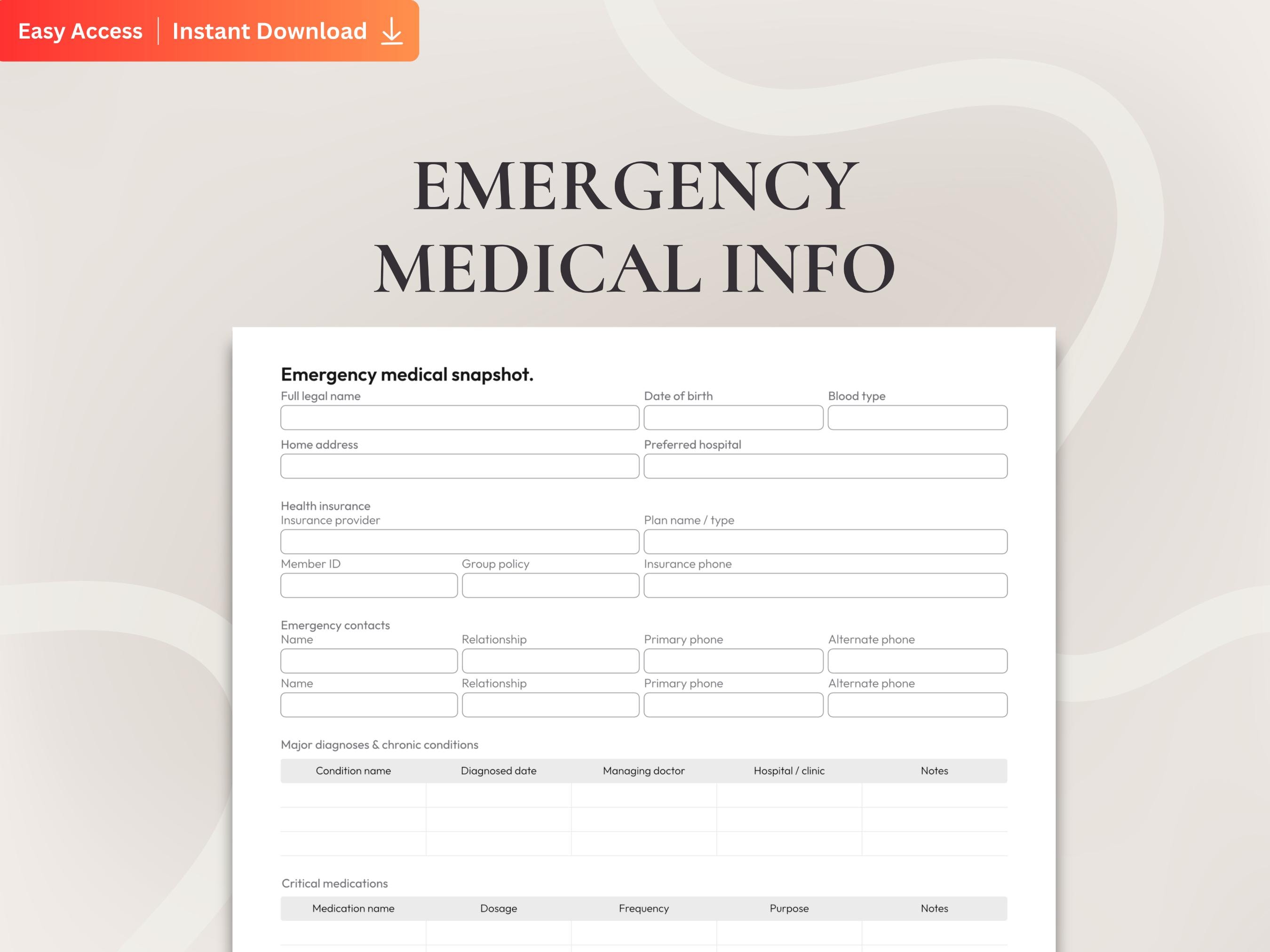 Printable Emergency Medical Info Sheet PDF, Fillable & Printable Health ...