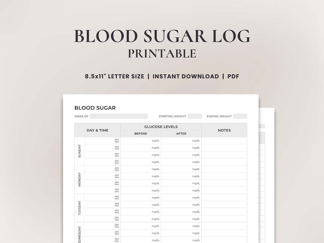 Blood Sugar Log Printable • Weekly Glucose Tracker PDF • Blood Glucose ...
