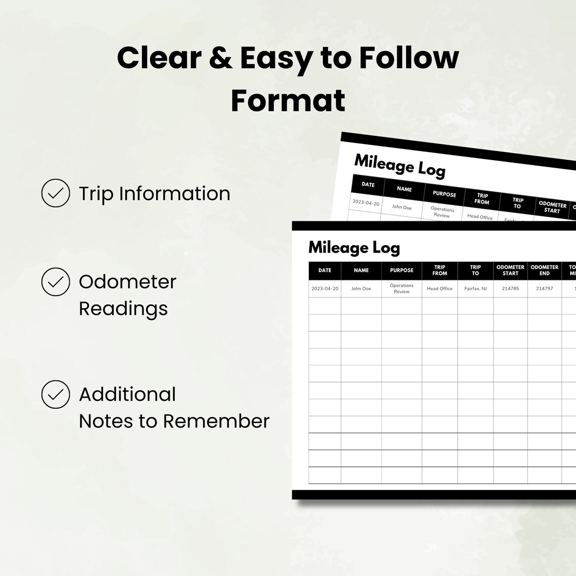 Auto Mileage Log Template Car Mileage Record Vehicle Distance Tracker ...