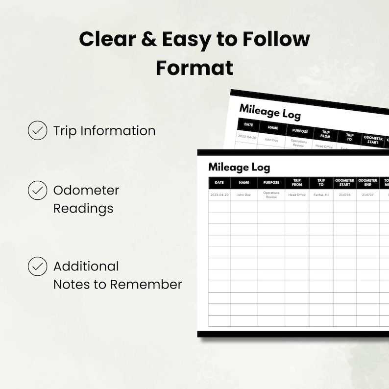 Auto Mileage Log Template Car Mileage Record Vehicle Distance Tracker ...