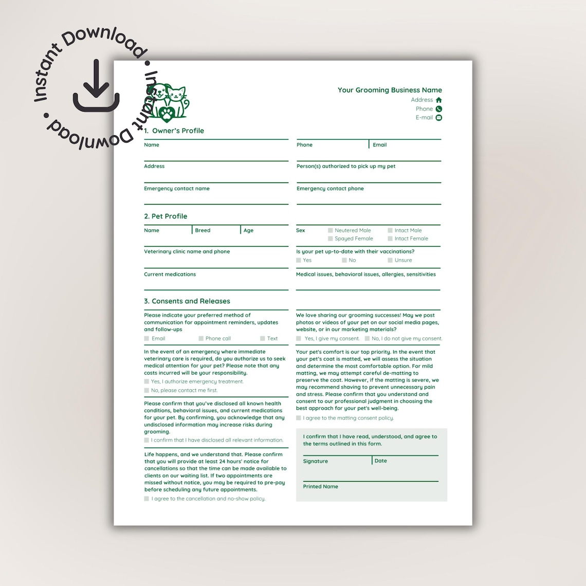 Pet Grooming Consent and Release Form • Editable Client and Pet Intake ...