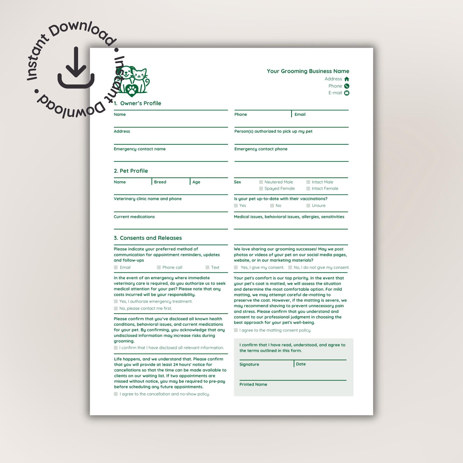 Pet Grooming Consent and Release Form • Editable Client and Pet Intake ...