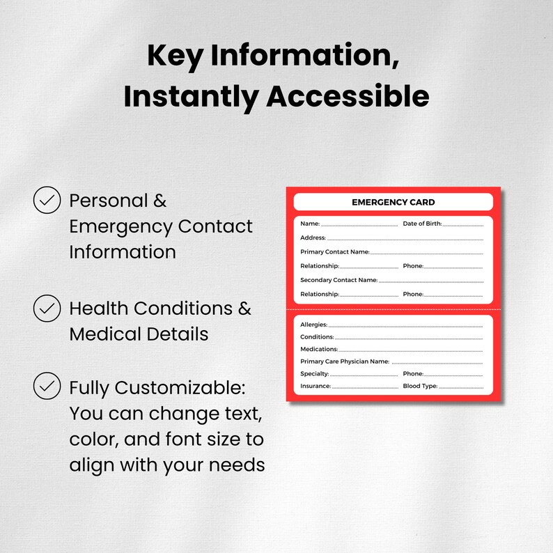 Printable Emergency Card Template Emergency Card for Wallet Emergency ...